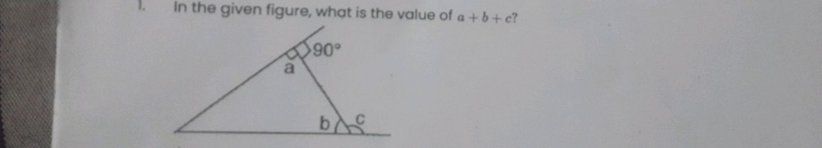 In the given figure, what is the value of a + b + c? (The figure shows a..