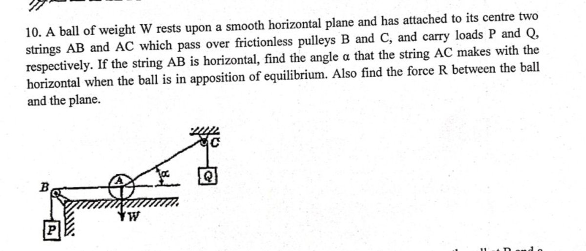 A ball of weight W rests upon a smooth horizontal plane and has attached