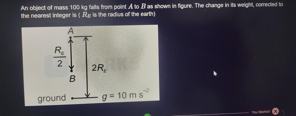 An object of mass 100 kg falls from point \boldsymbol { A } to B as shown..