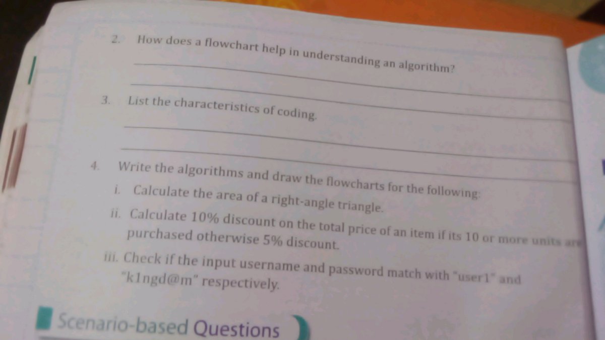 How does a flowchart help in understanding an algorithm? List the charac..