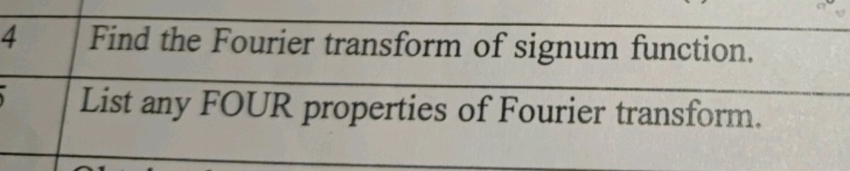 Find the Fourier transform of the signum function. List any FOUR properti..