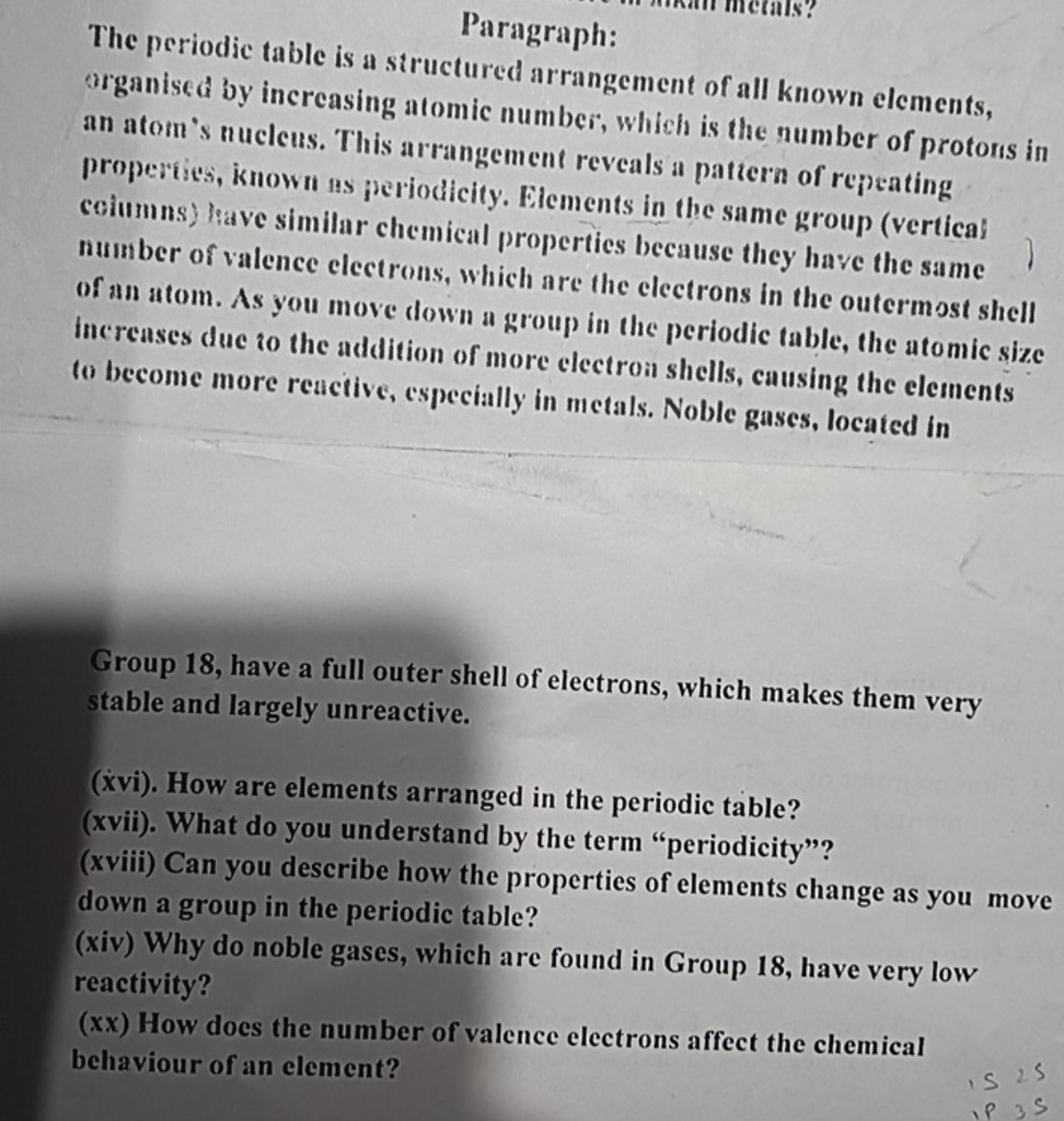 Paragraph: The periodic table is a structured arrangement of all known el..