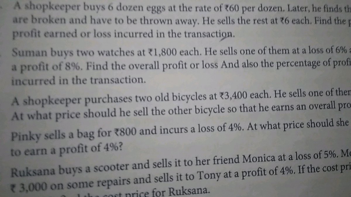 A shopkeeper buys 6 dozen eggs at the rate of ₹ 60 per dozen. Later, he f..