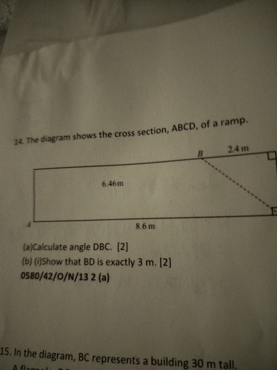 The diagram shows the cross section, ABCD, of a ramp. (a) Calculate angl..
