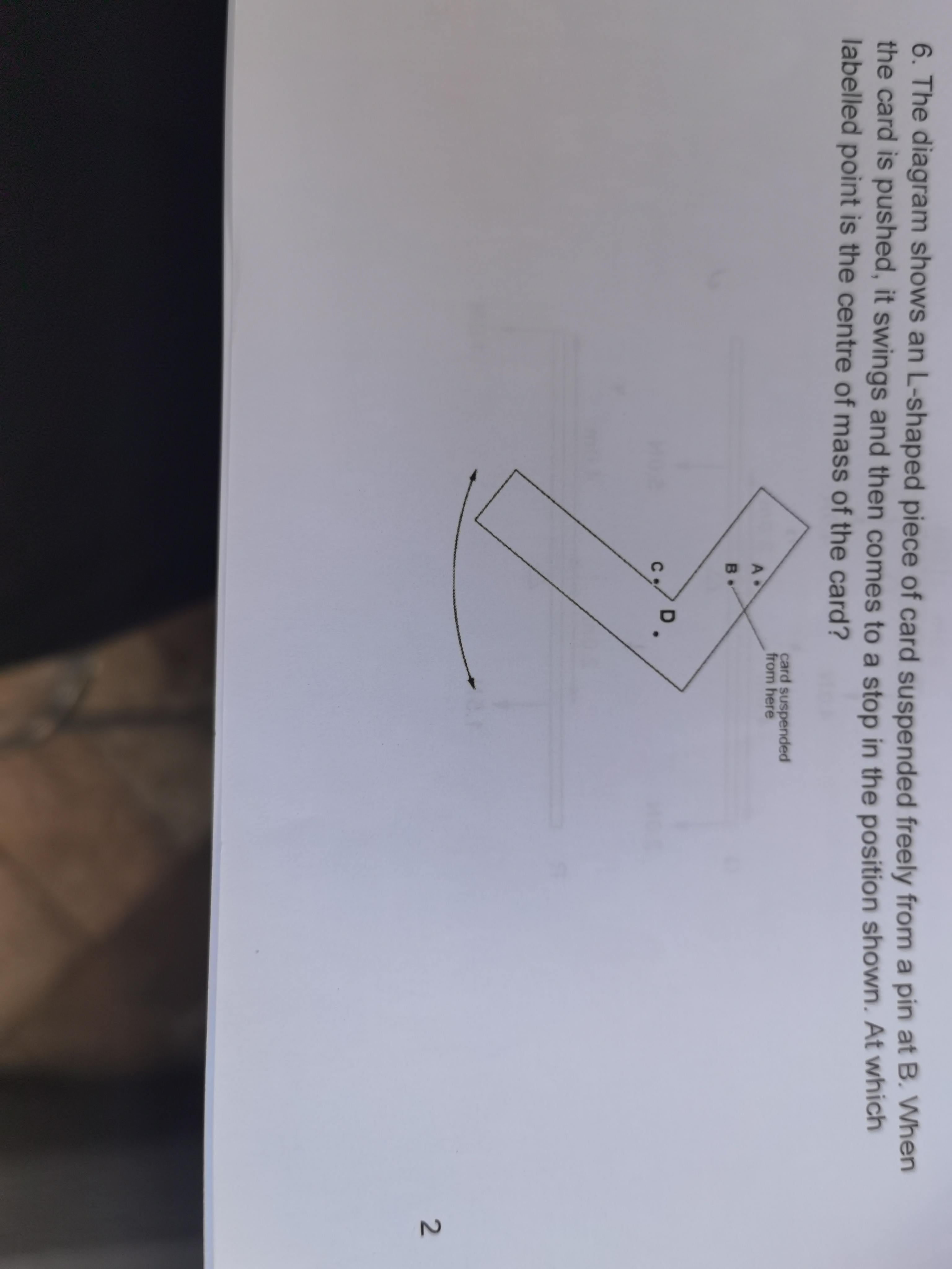 The diagram shows an L-shaped piece of card suspended freely from a pin a..