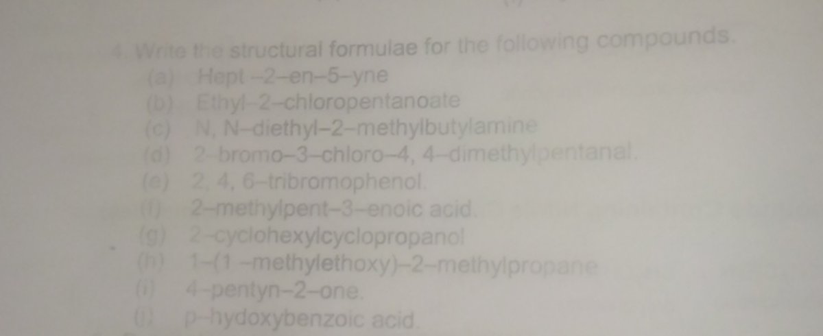 Write the structural formulae for the following compounds. (a) Hept -2-en..