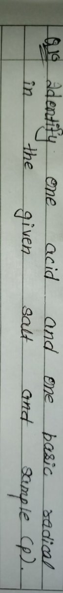 Identify the acid, basic radical, and salt in the given sample (P). | Filo