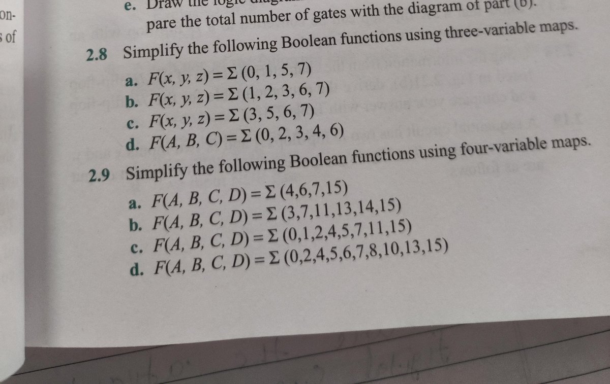 2.8 Simplify the following Boolean functions using three-variable maps. a..