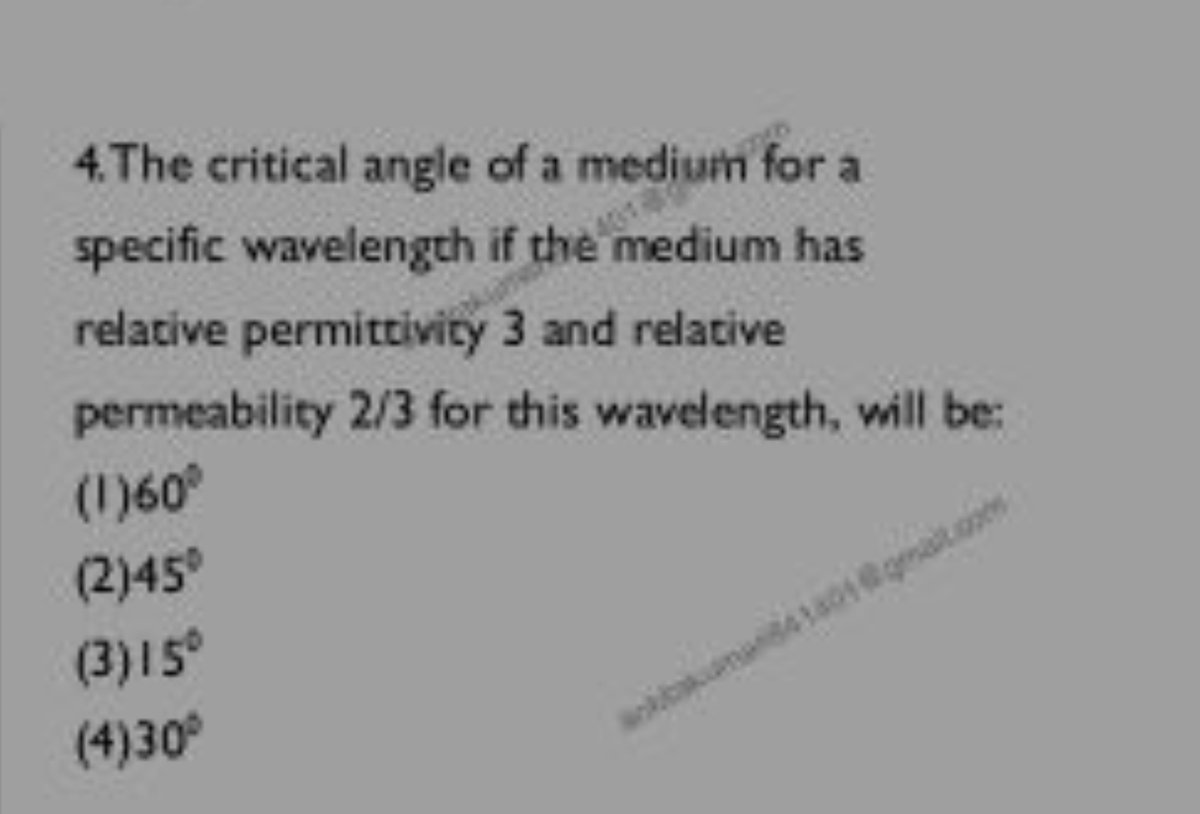 The critical angle of a medium for a specific wavelength if the medium ha..