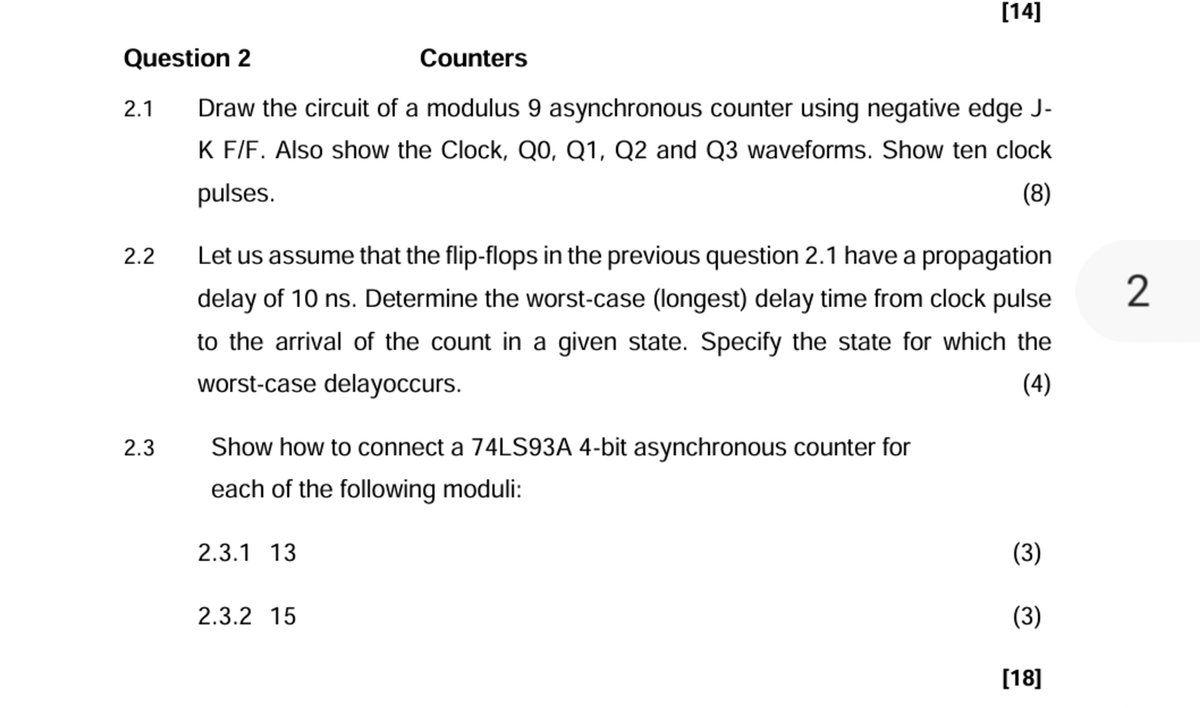 Question 2 2.1 Draw the circuit of a modulus 9 asynchronous counter usin..
