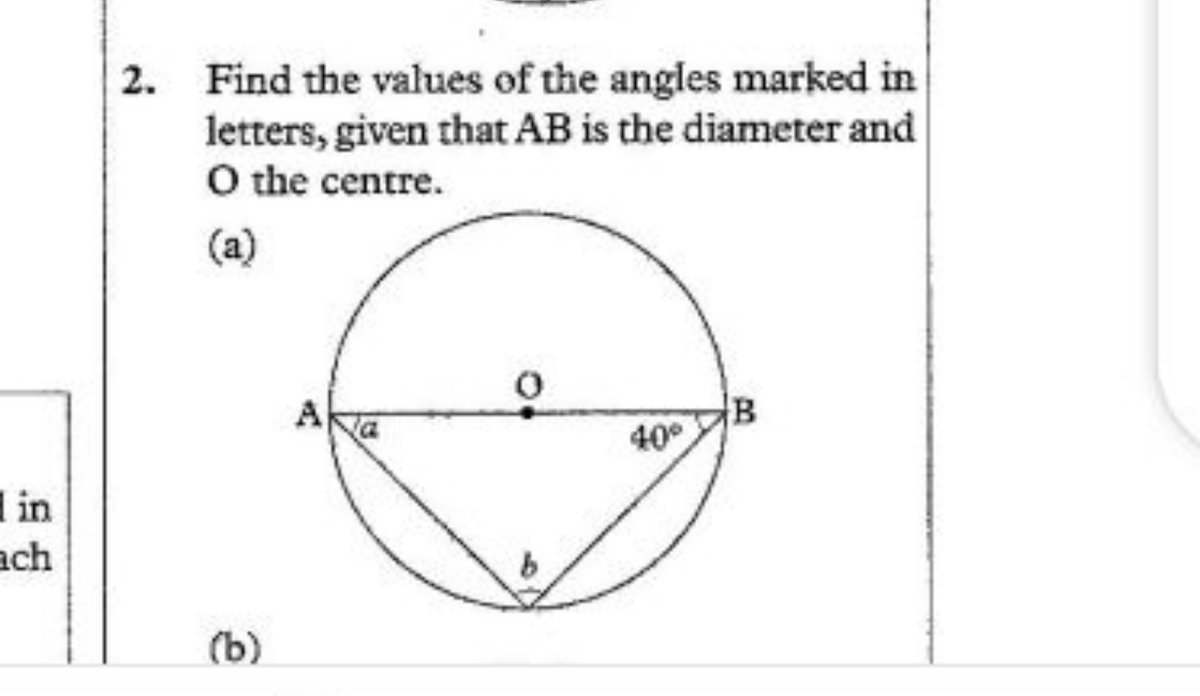 Find the values of the angles marked in letters, given that AB is the dia..