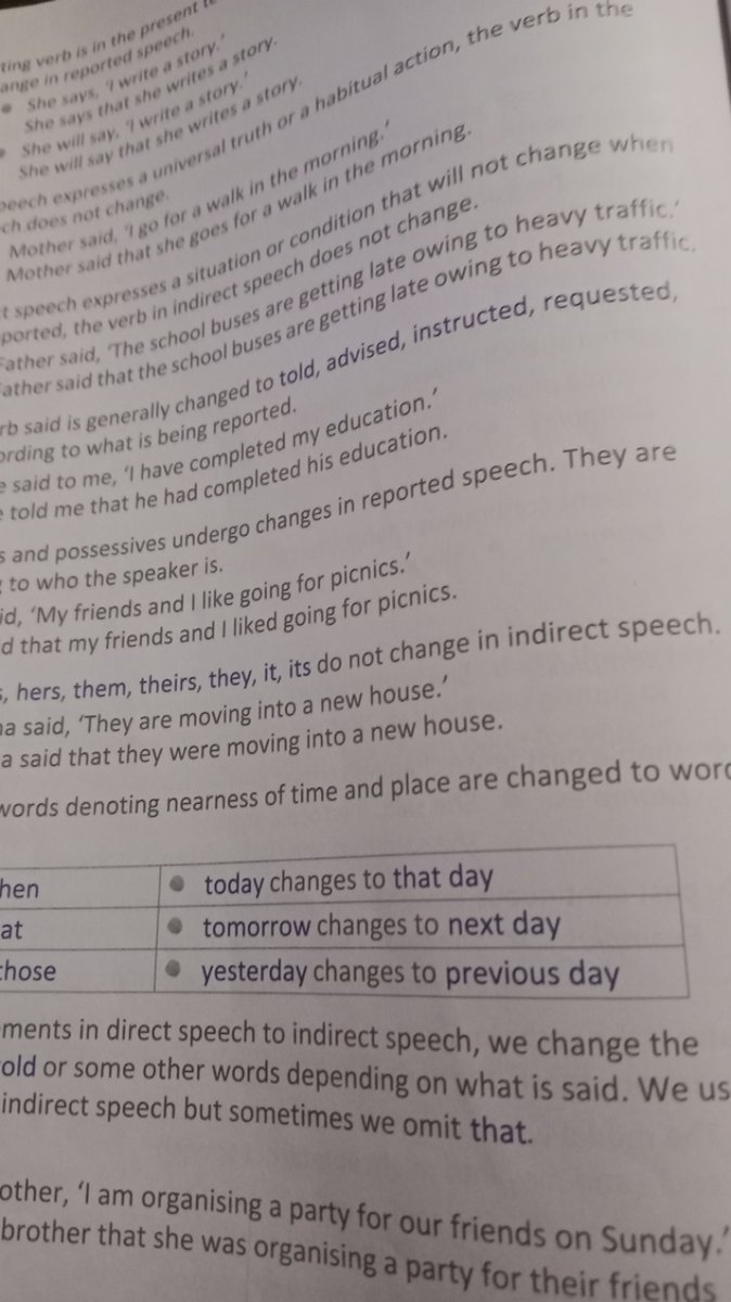 The provided text discusses rules for changing direct speech to indirect