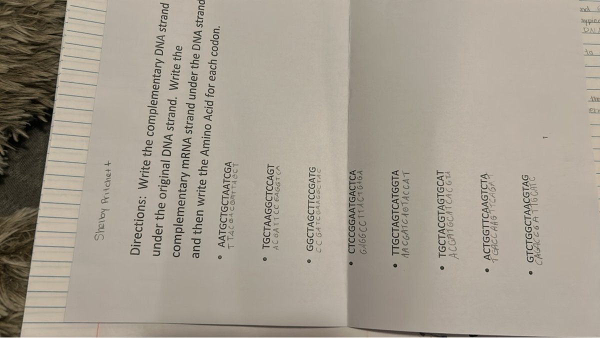 Directions: Write the complementary DNA strand under the original DNA str..