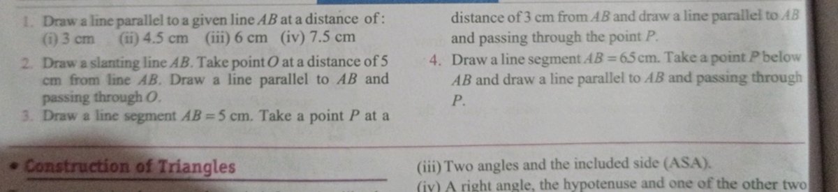 Draw a line parallel to a given line AB at a distance of: (i) 3 cm
