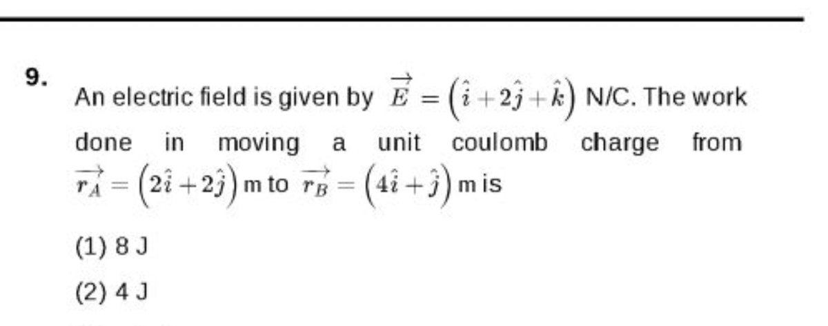 An electric field is given by \vec { E } = ( \hat { i } + 2 \hat { j } + ..