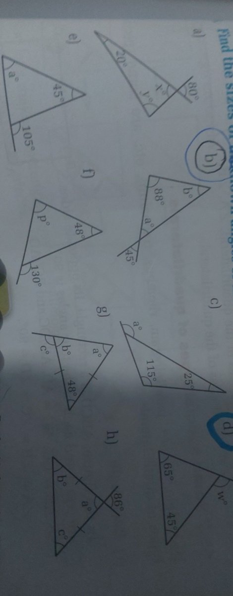 Find the sizes of the angles in the given diagrams: a) A triangle with a..