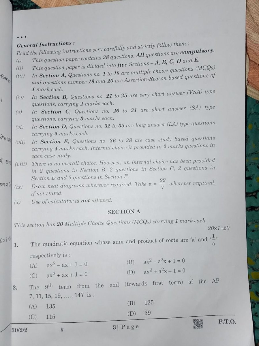 The quadratic equation whose sum and product of roots are 'a' and 1/a res..