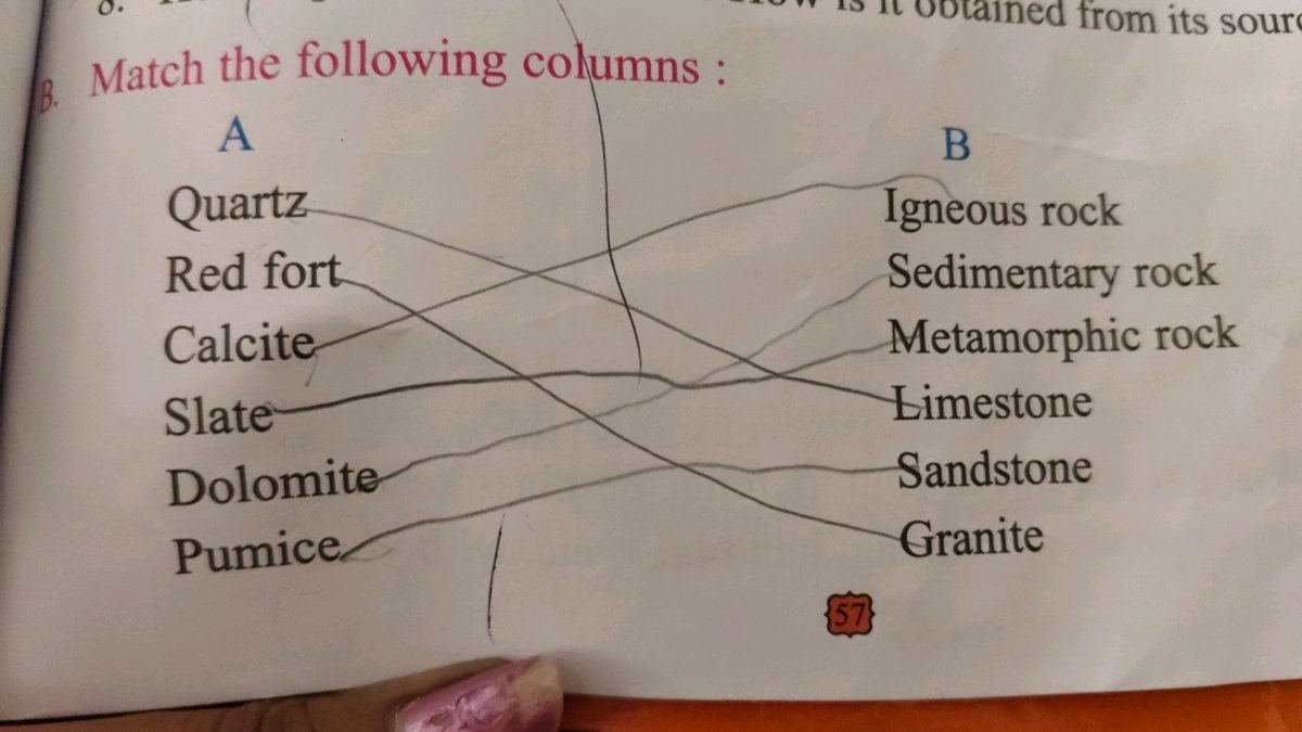 Match the following columns: Column A Quartz Red fort Calcite Slate Dolo..