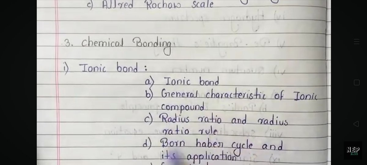 Chemical Bonding i) Ionic bond: a) Ionic bond b) General characteristic o..