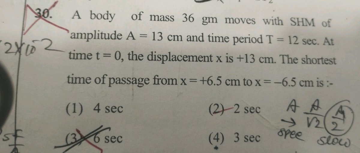 A body of mass 36 gm moves with SHM of amplitude \mathrm { A } = 13 \math..