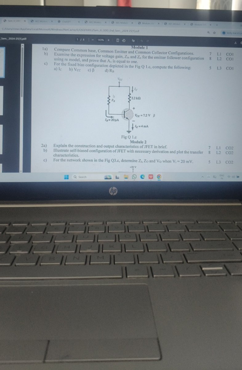 Module 1 1a) Compare Common base, Common Emitter and Common Collector Co..