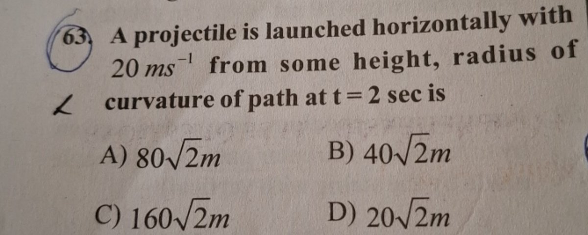 A projectile is launched horizontally with 20 \mathrm {~ms} ^ { - 1 } fro..