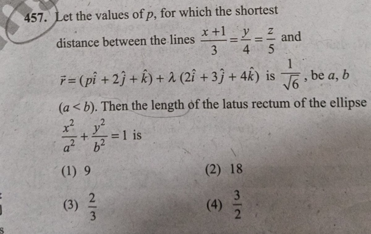 Let the values of p, for which the shortest distance between the lines \f..
