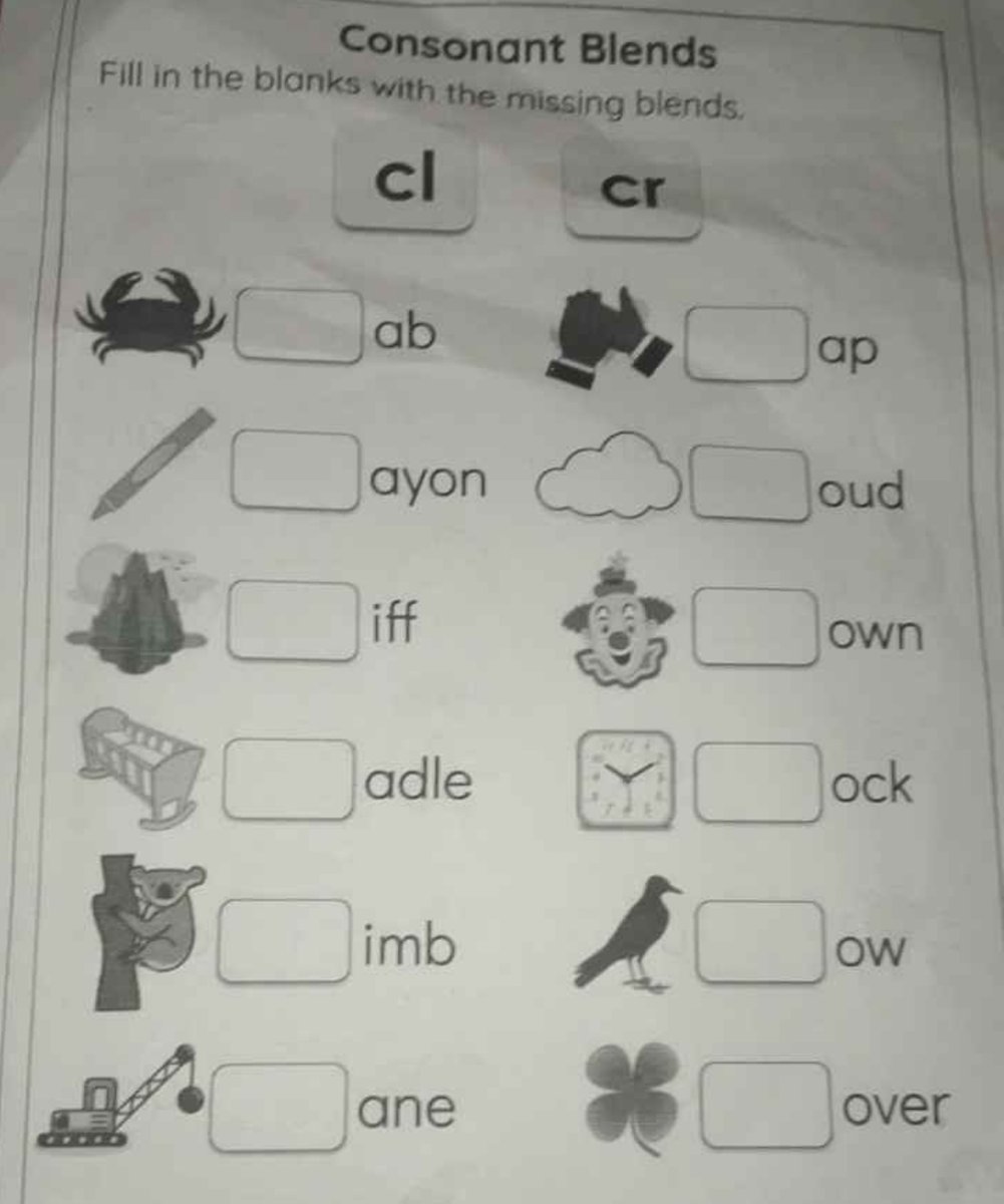 Consonant Blends Fill in the blanks with the missing blends. | Filo