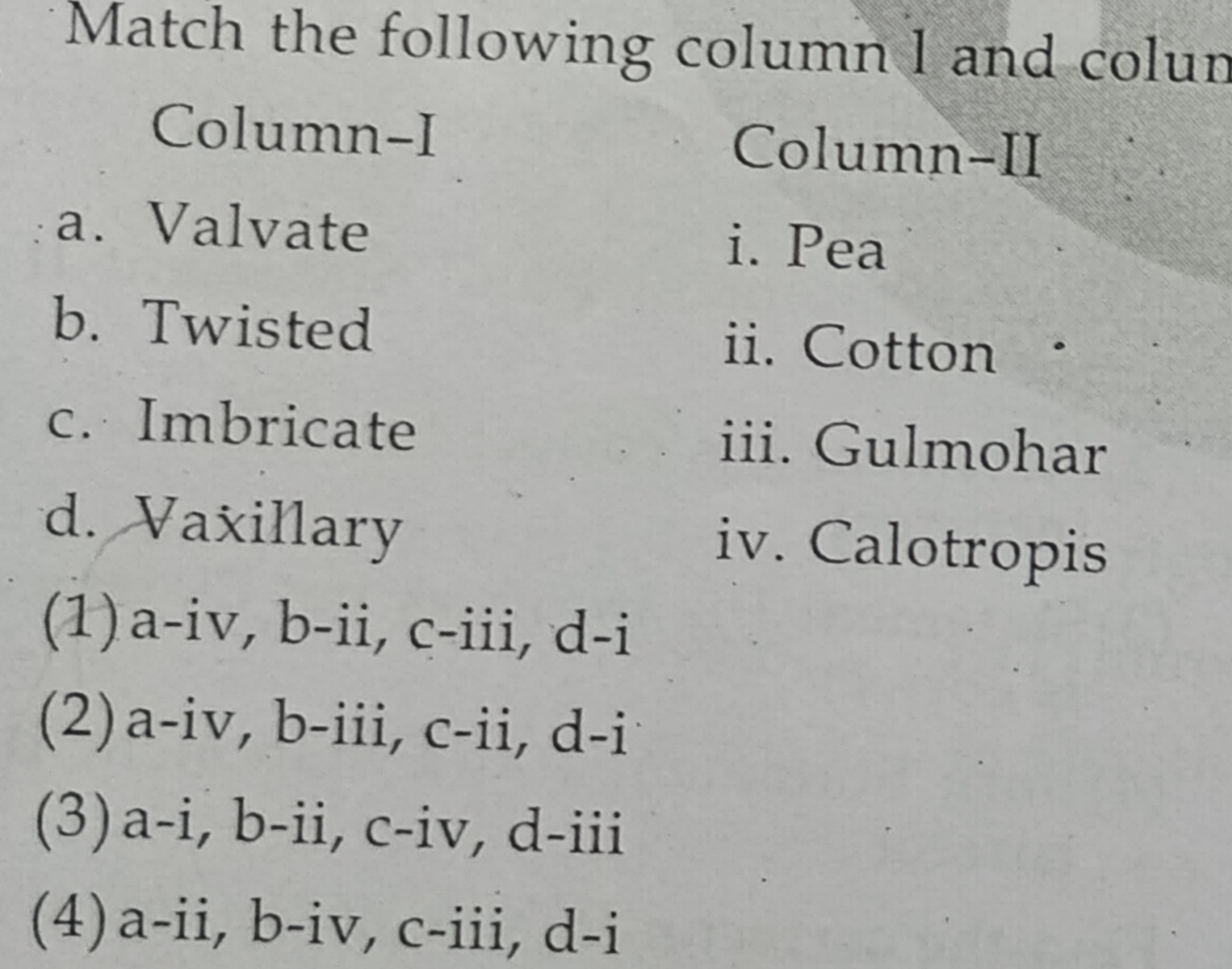 Match the following column 1 and colun Column-I a. Valvate b. Twisted c...
