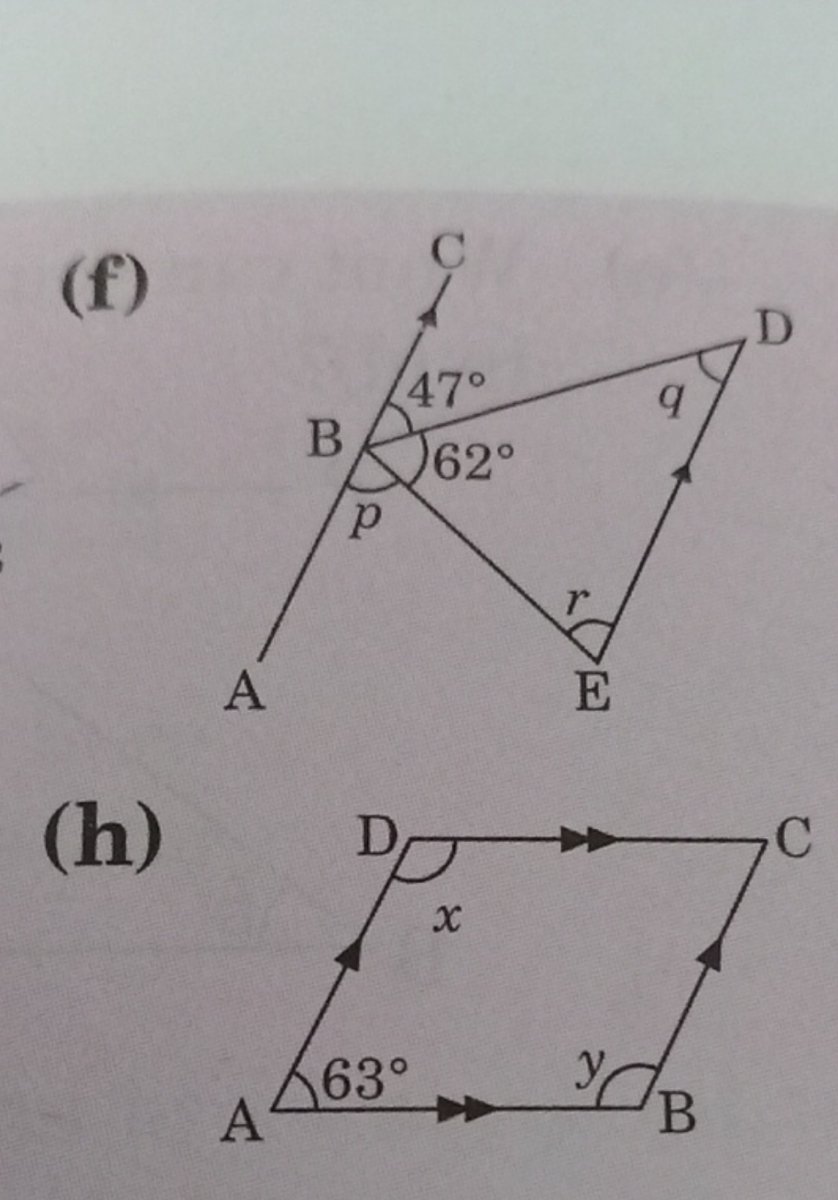 The image contains two geometry problems, (f) and (h). Problem (f): Give..