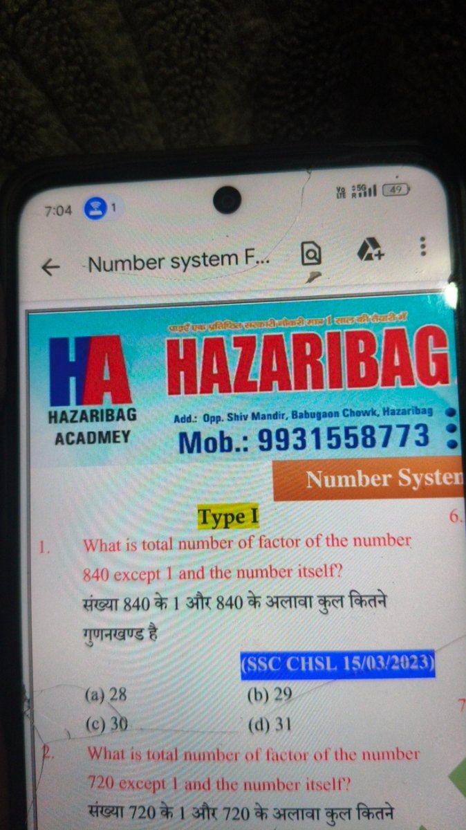 What is total number of factor of the number 840 except 1 and the number