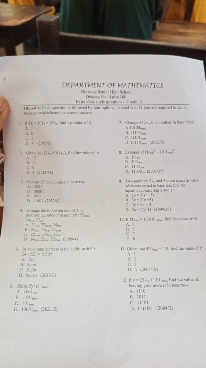 DEPARTMENT OF MATHEMATICS Firestone Senior High School Division #44, Harb..