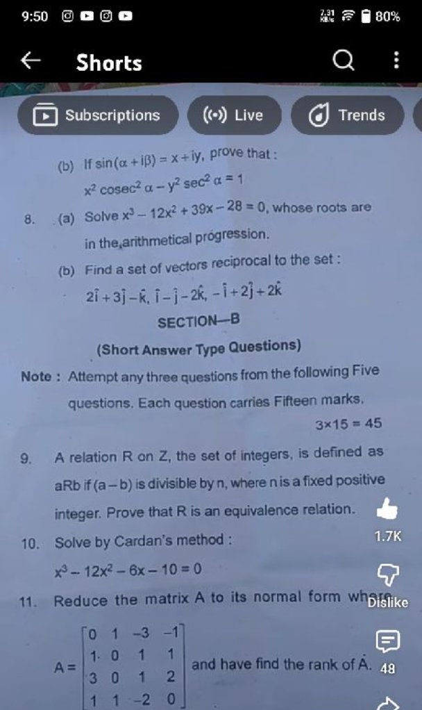 Here are a few questions from a mathematics exam: SECTION-B (Short Answe..