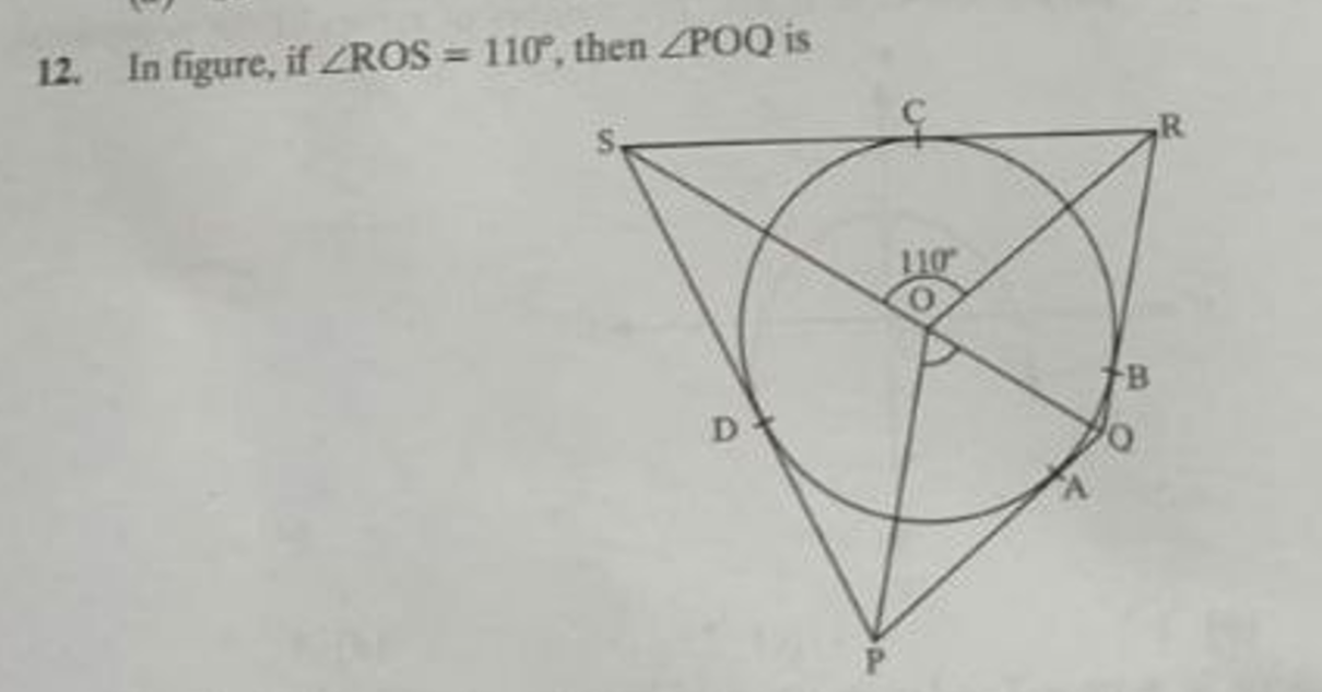 In figure, if \angle \mathrm { ROS } = 110 ^ { \circ }, then \angle \math..