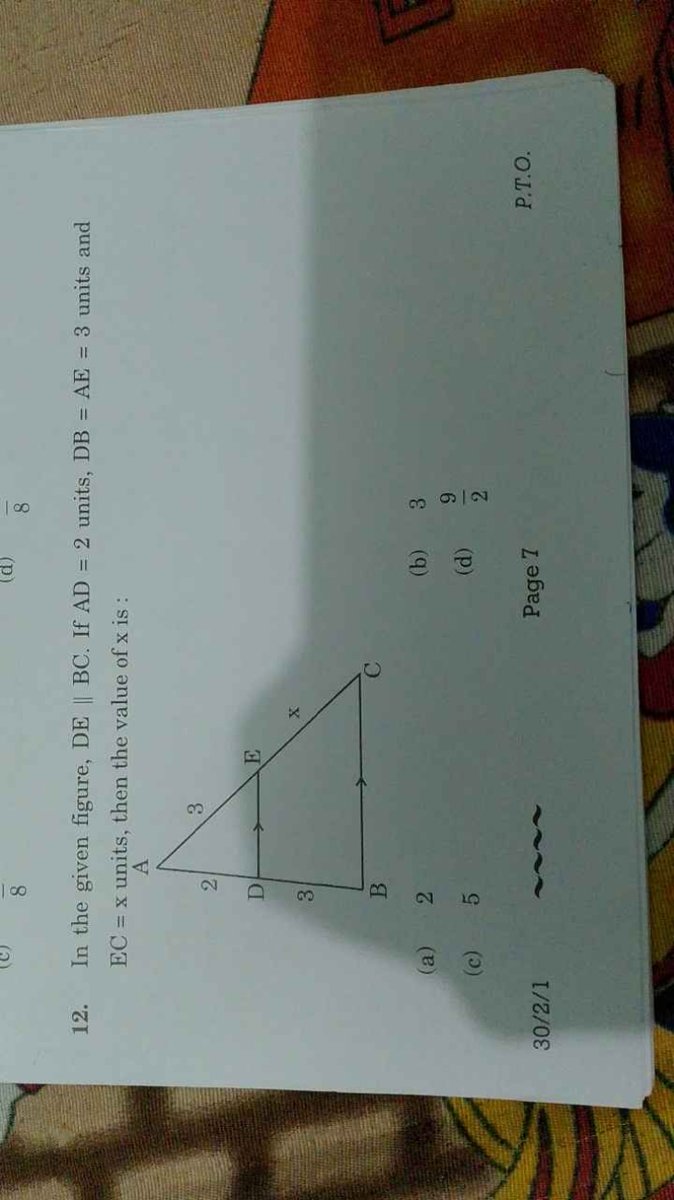 In the given figure, \mathrm { DE } \| \mathrm { BC }. If \mathrm { AD } ..