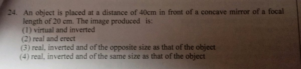 An object is placed at a distance of 40 cm in front of a concave mirror o..