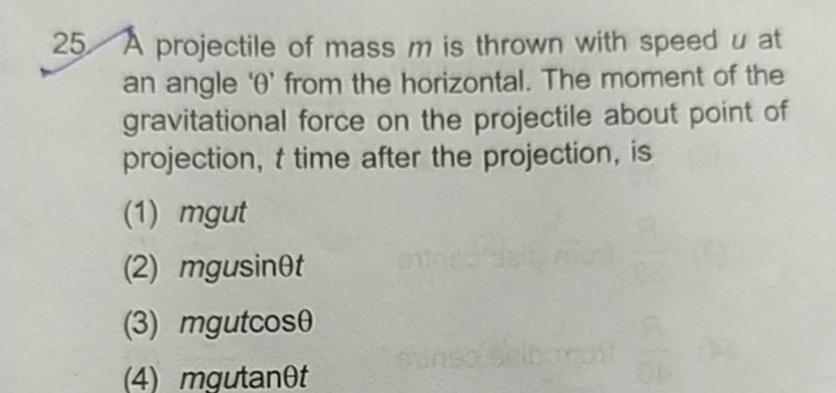 A projectile of mass m is thrown with speed u at an angle ' \theta ' from..