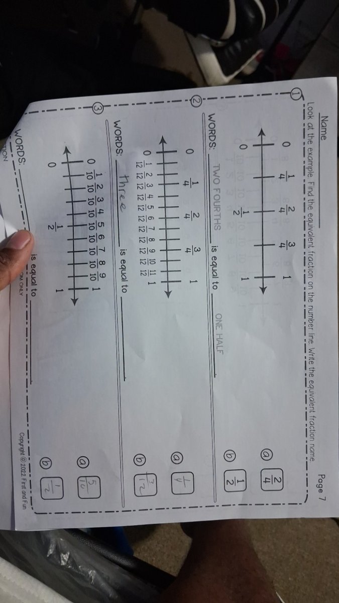 Look at the example. Find the equivalent fraction on the number line. Wri..