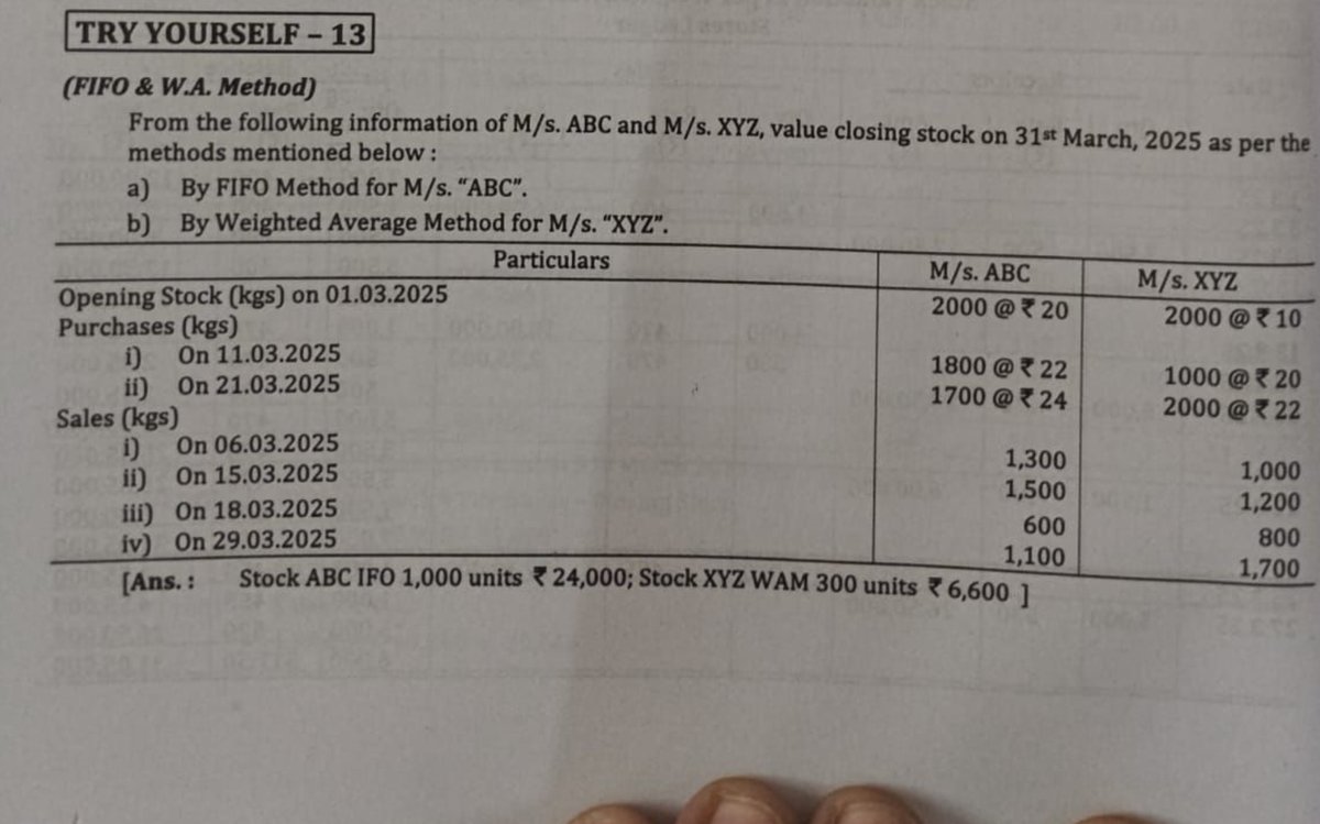 From the following information of M/s. ABC and M/s. XYZ, value closing st..