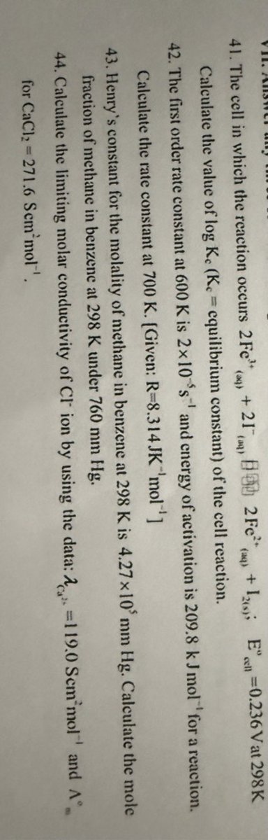 VII. Answer any The cell in which the reaction occurs 2Fe^{3+}{(aq)} + 2..