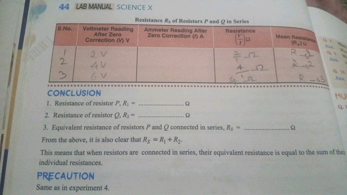 Resistance Rs of Resistors P and Q in Series | S.No. | Voltmeter Reading..