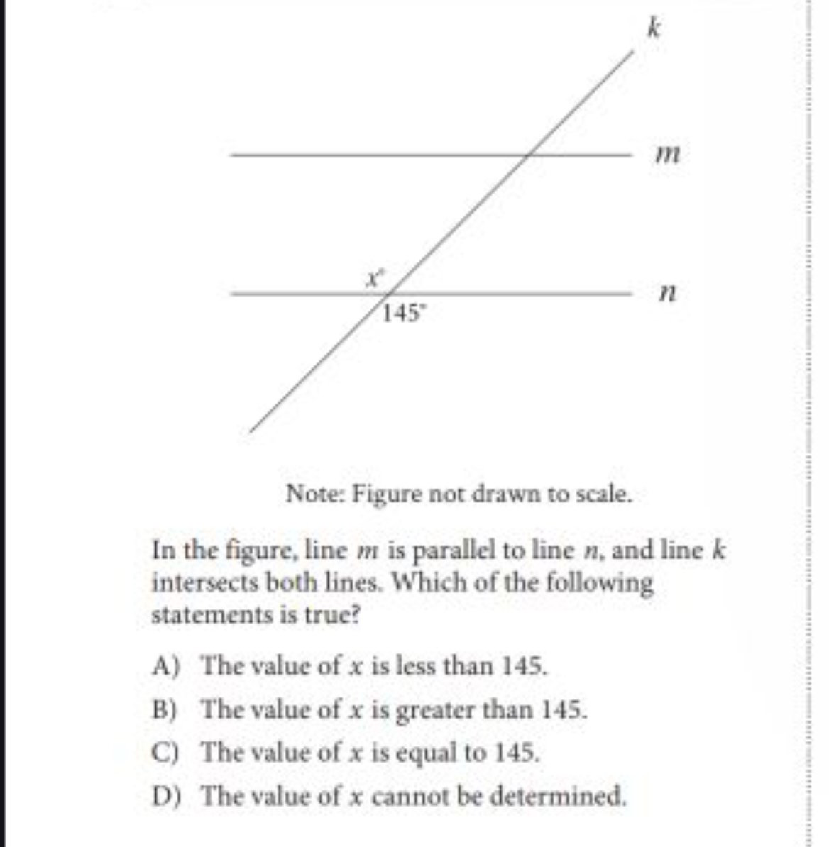 Note: Figure not drawn to scale. In the figure, line m is parallel to lin..