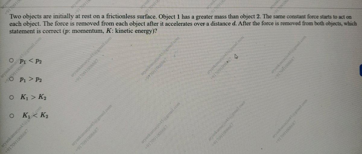 Two objects are initially at rest on a frictionless surface. Object 1 has..