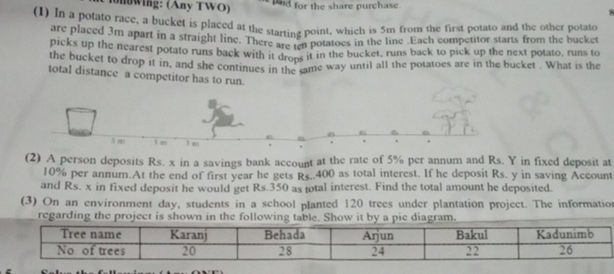 Solve the following: (Any TWO) (1) In a potato race, a bucket is placed