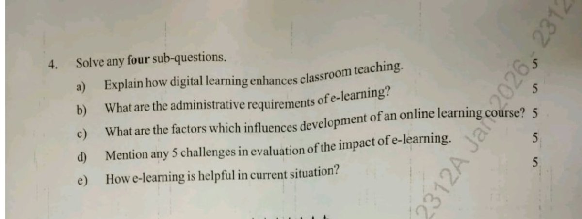Solve any four sub-questions. a) Explain how digital learning enhances cl..