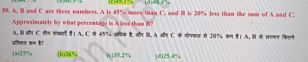A, B and C are three numbers. A is \mathbf { 4 5 \% } more than C, and B
