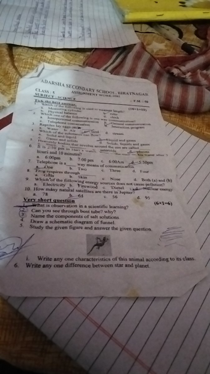 Here are some questions from a Science assignment: Tick the best answer...
