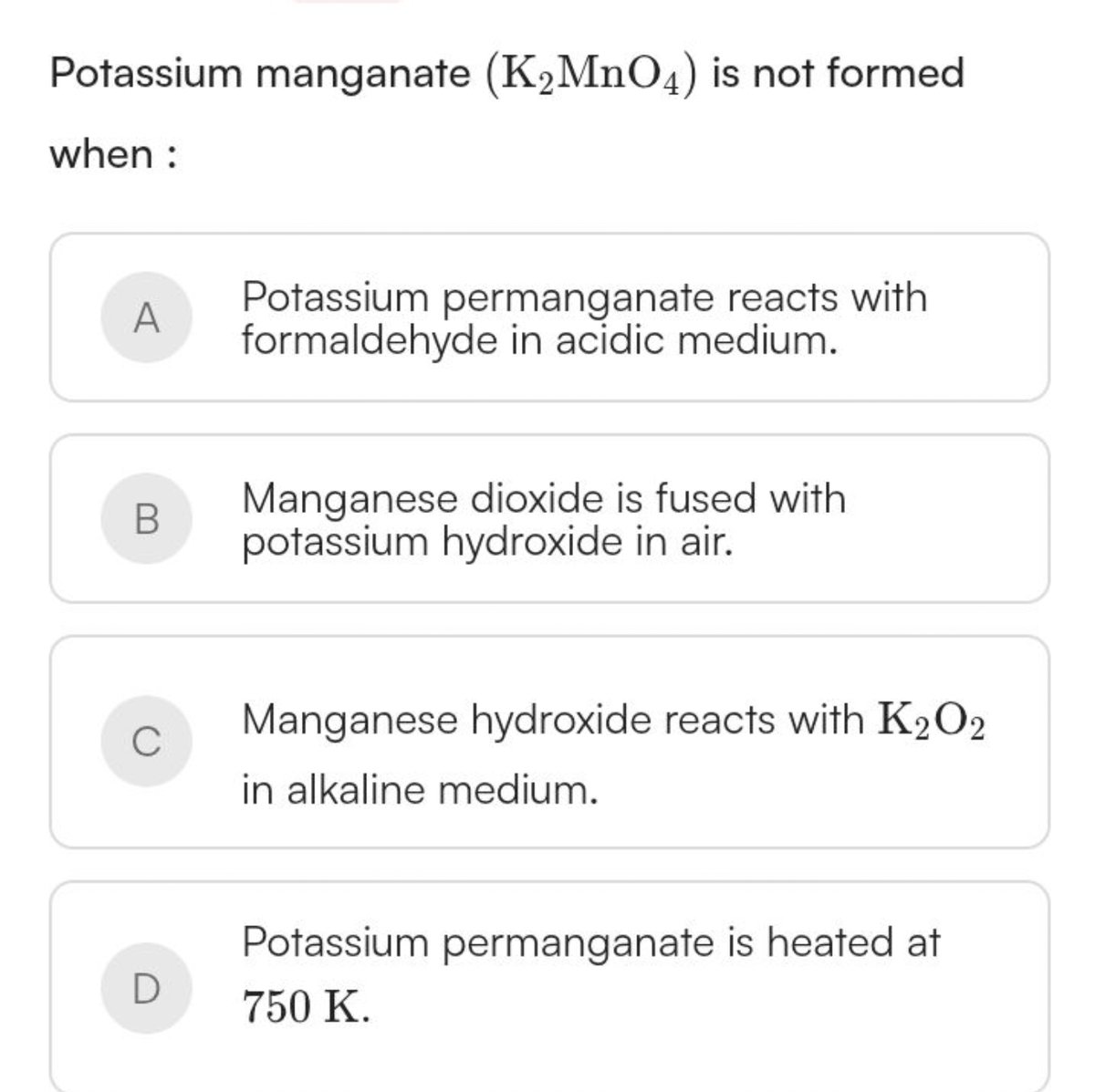 Potassium manganate \left( \mathrm { K } _ { 2 } \mathrm { MnO } _ { 4 } ..