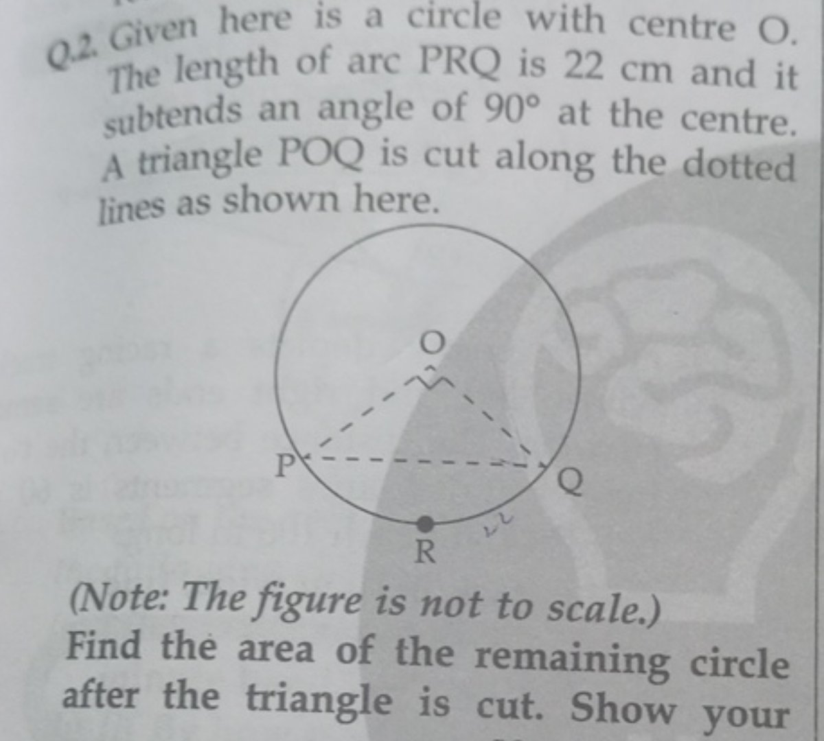 Q.2. Given here is a circle with centre O. The length of arc PRQ is 22 cm..