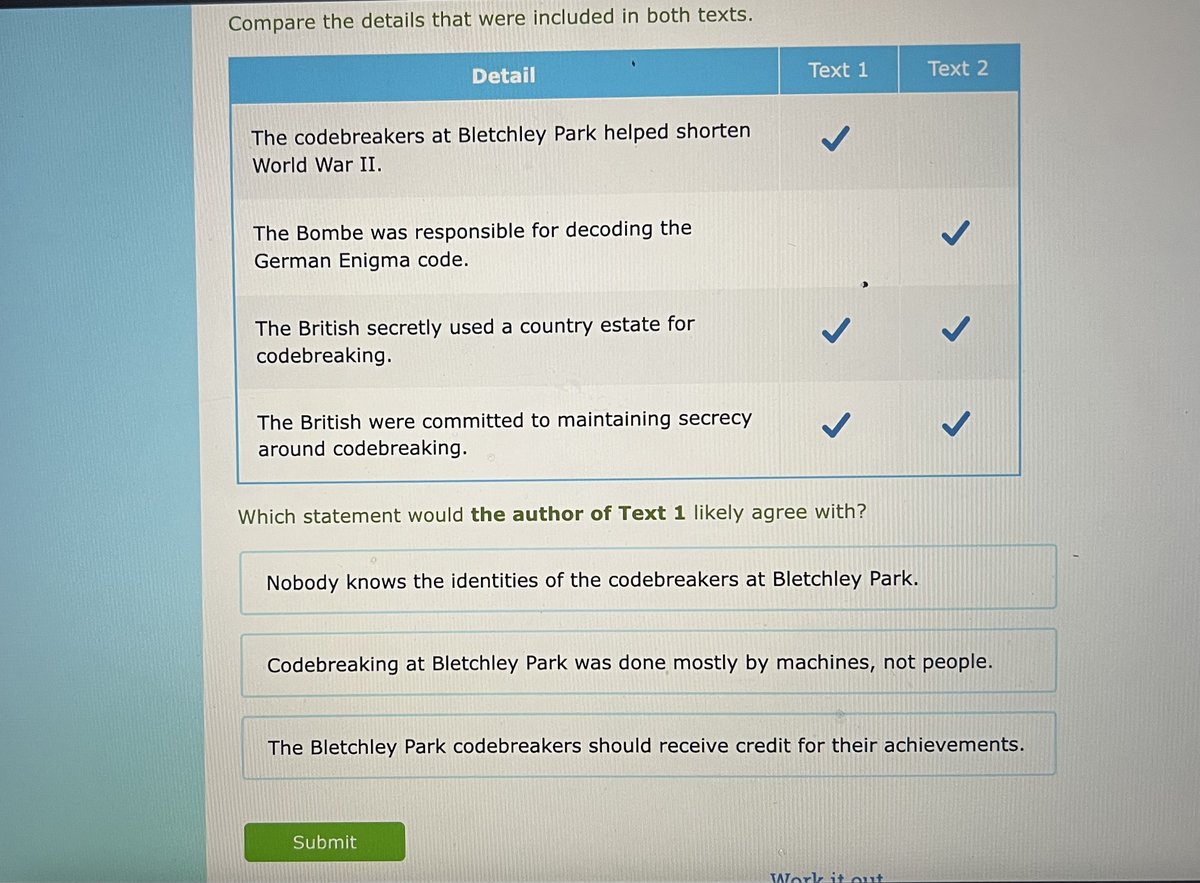 Compare the details that were included in both texts. Detail Text 1 Text..